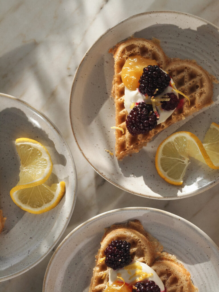 Healthier Vegan Blackberry Lemon Cheesecake Waffles - baking me healthy