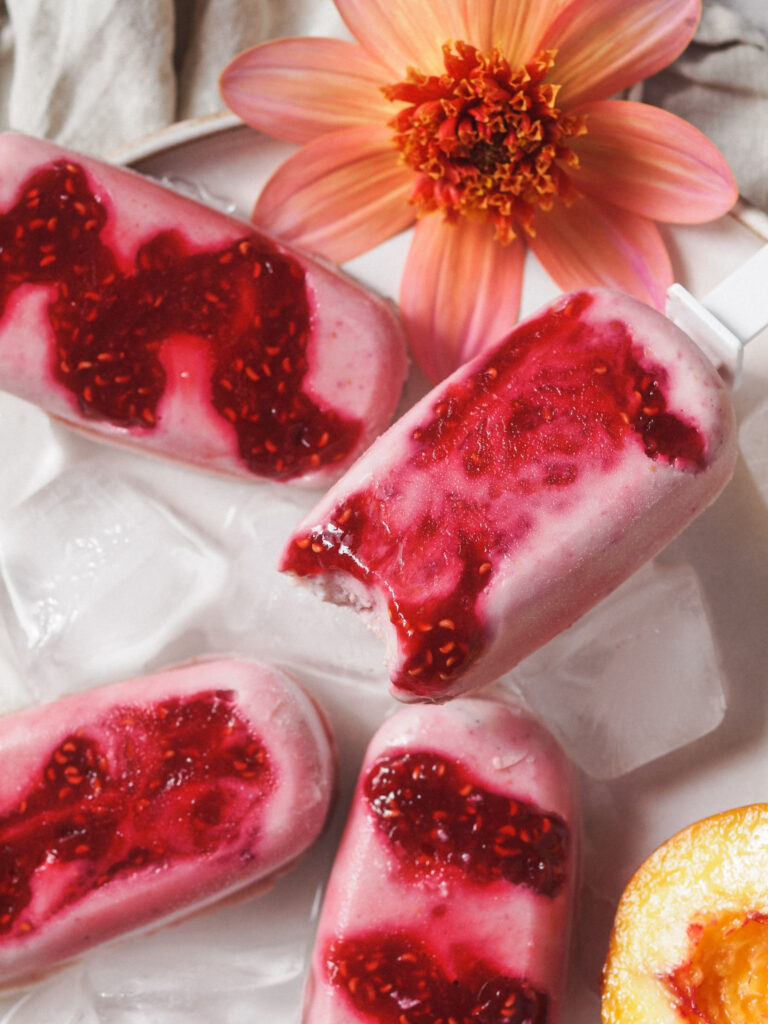 Healthy Peach Raspberry Creamy Vegan Popsicles - baking me healthy
